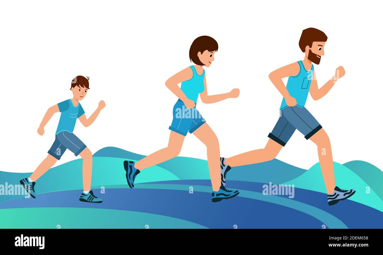 Happy family on a jogging. Father, mother and son are running around in ...