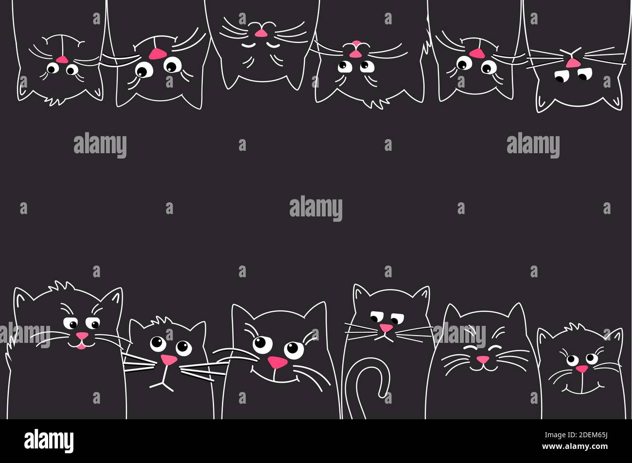 Cats look up and down. Horizontal banner with many Cute pet on black ...