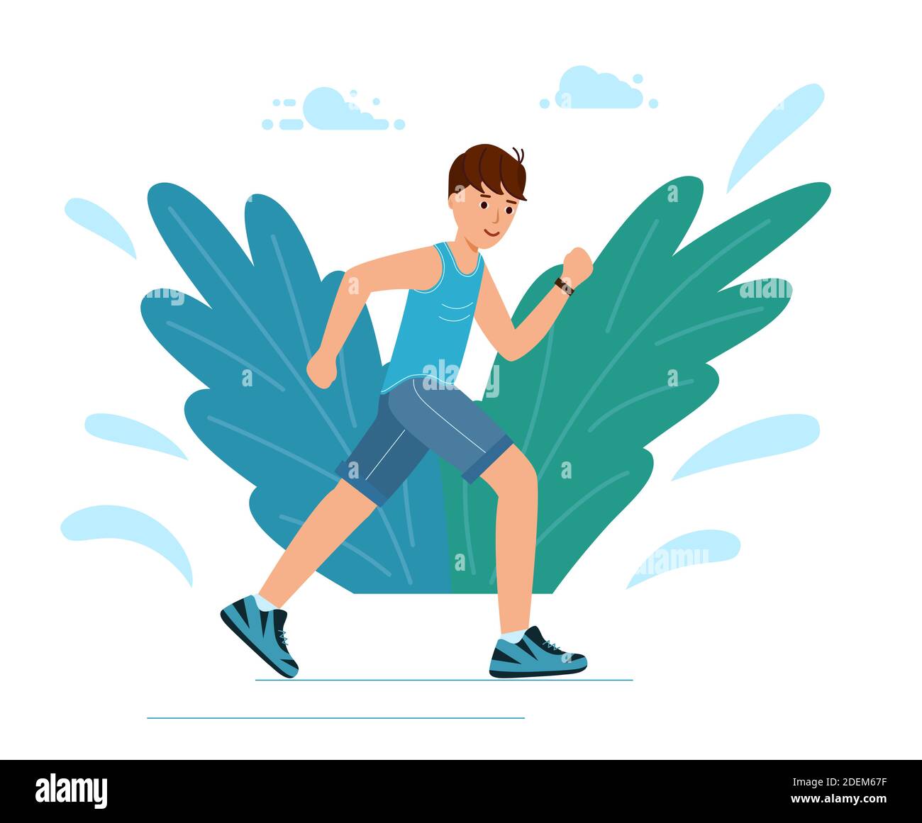 A young guy runs in the Park during training. Man is Jogging on a white ...