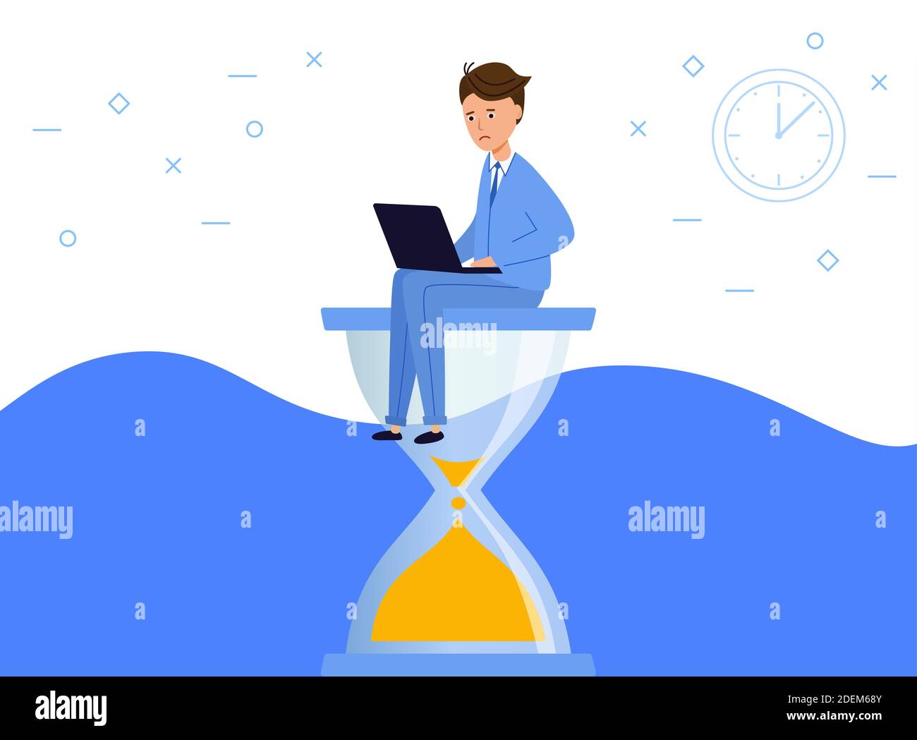 Businessman sits on an hourglass and works on a laptop. Business ...