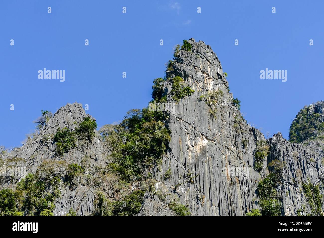 A low angle shot of rough rugged cliffs covered with vegetation under a ...