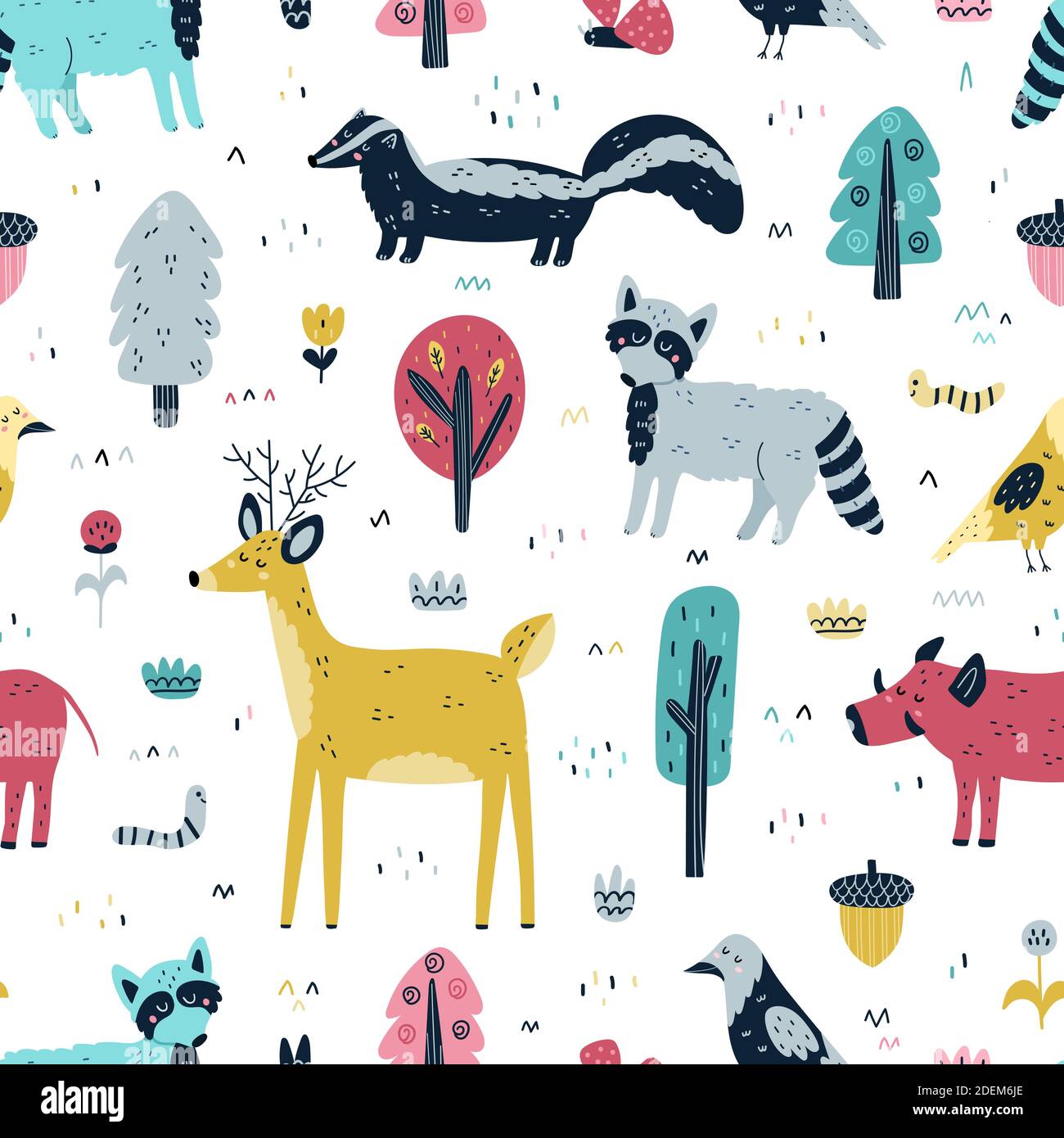 Woodland animals seamless pattern. Cute forest characters background ...