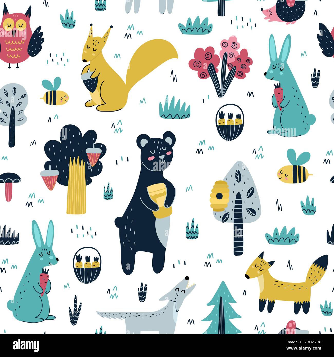 Cute woodland animals seamless pattern. Forest background Stock Vector ...