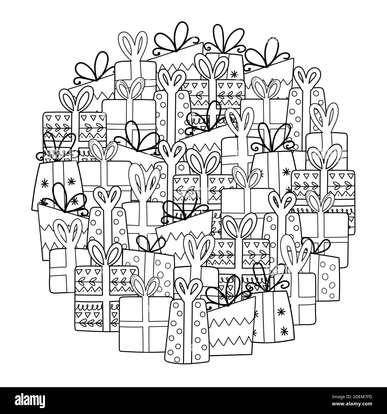 Circle shape coloring page with cute gifts. Doodle presents mandala for ...