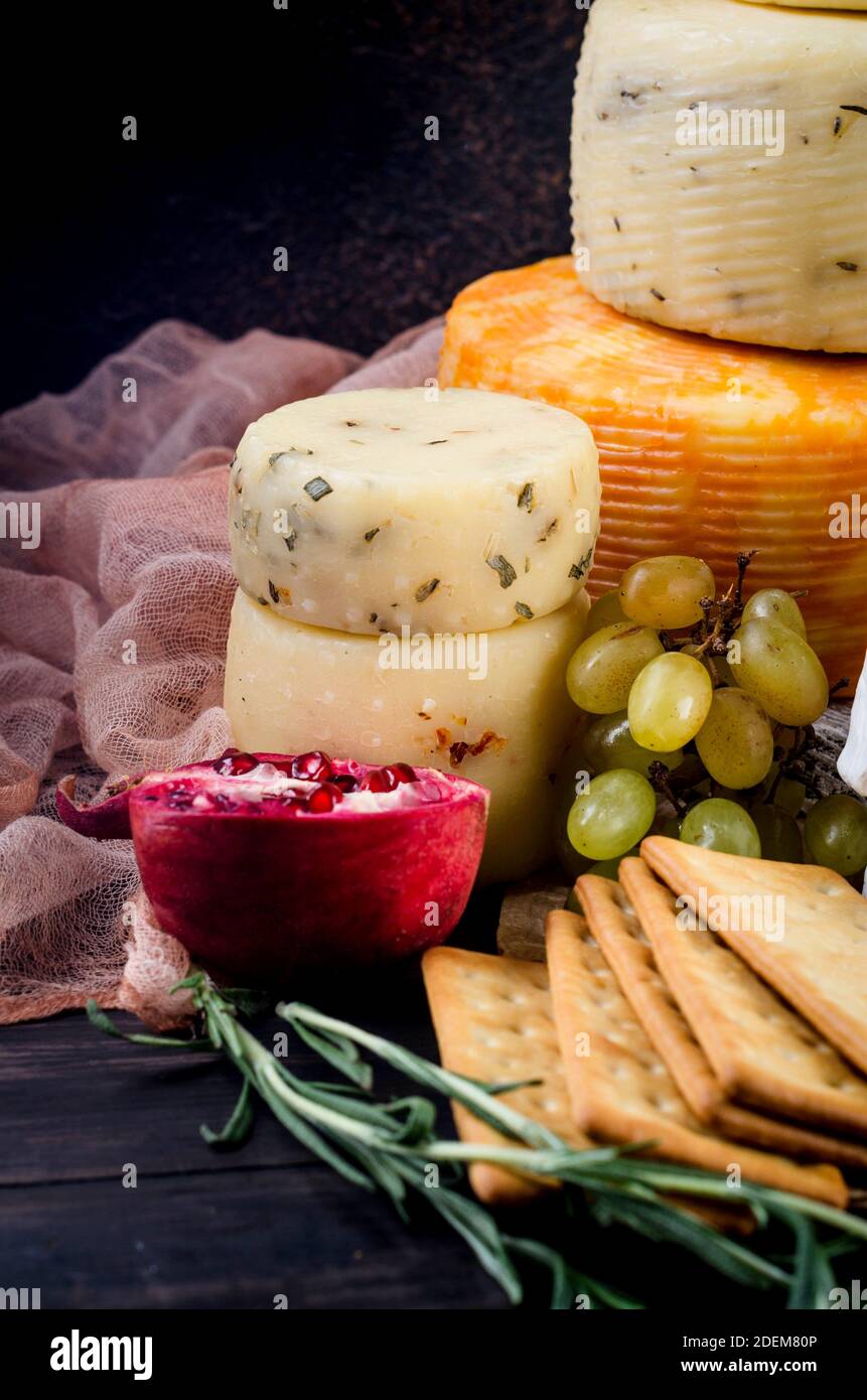 Assorted homemade cheesy of different kinds with vegetables, fruits ...