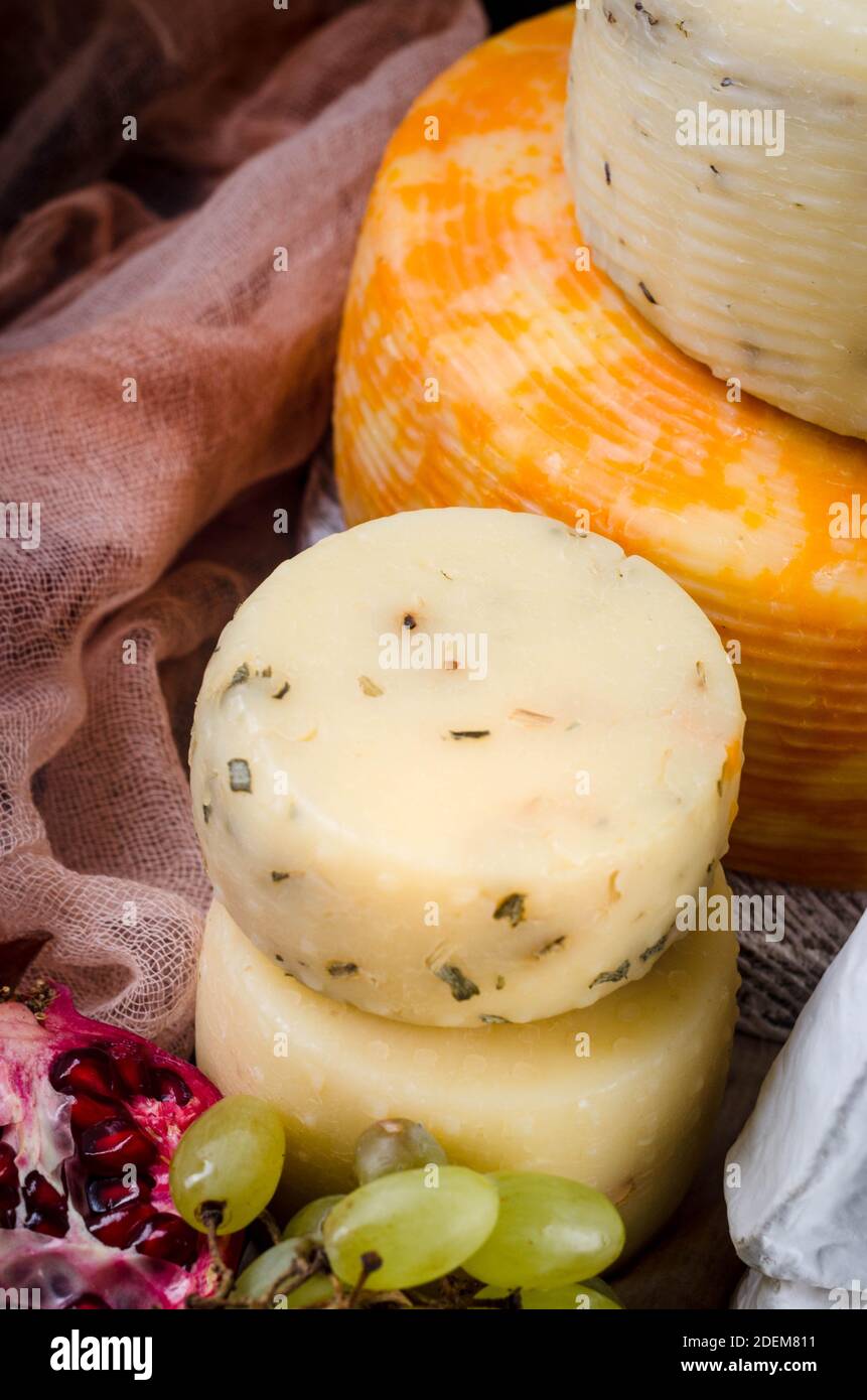 Assorted homemade cheesy of different kinds with vegetables, fruits ...
