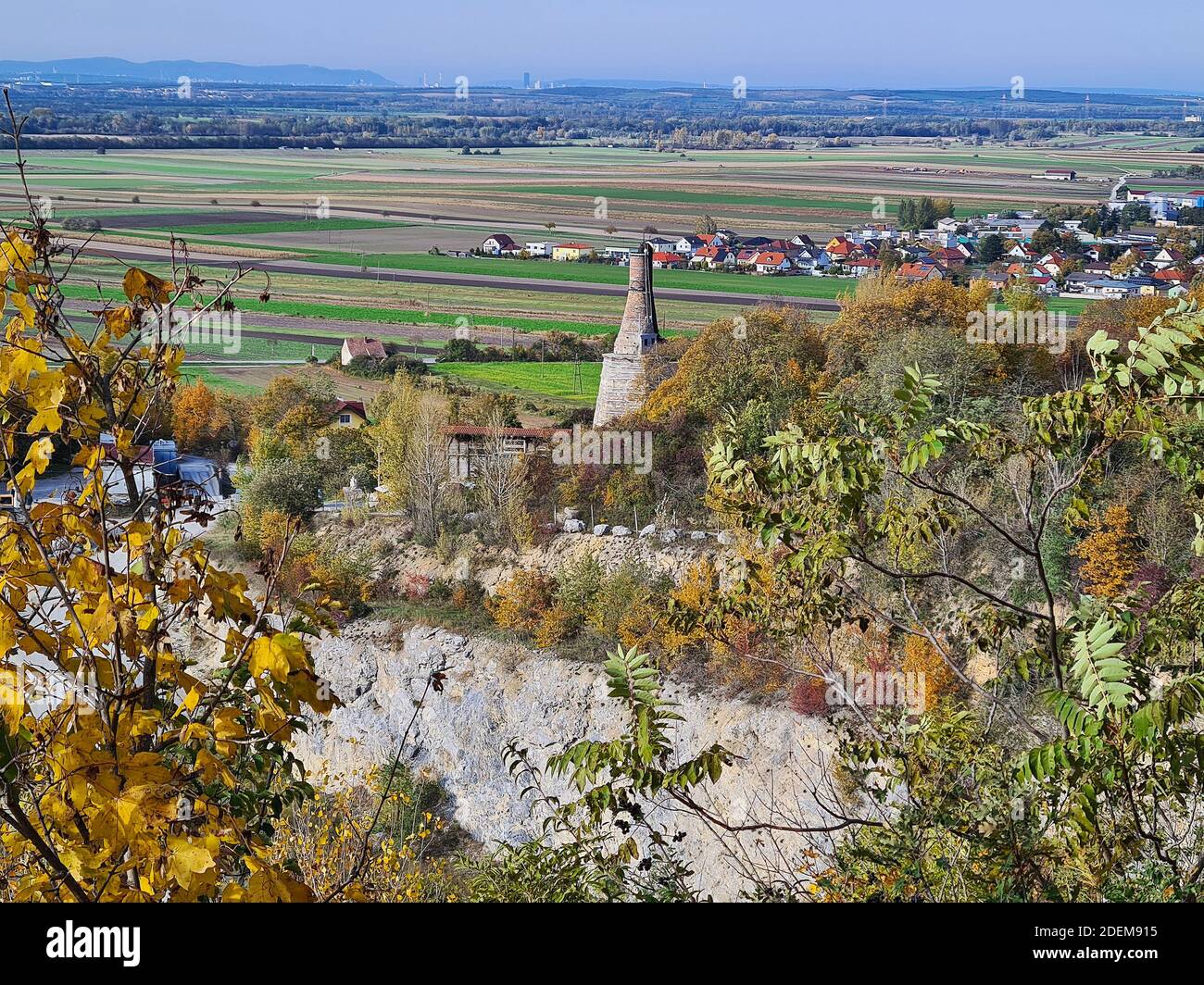 Austria, Mannersdorf, old lime kiln in quarry and view over the Vienna ...