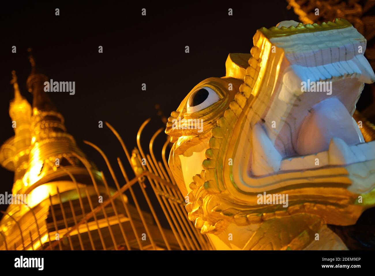 Golden dragon sculpture in Shwedangon pagoda complex in Yangon, Myanmar ...