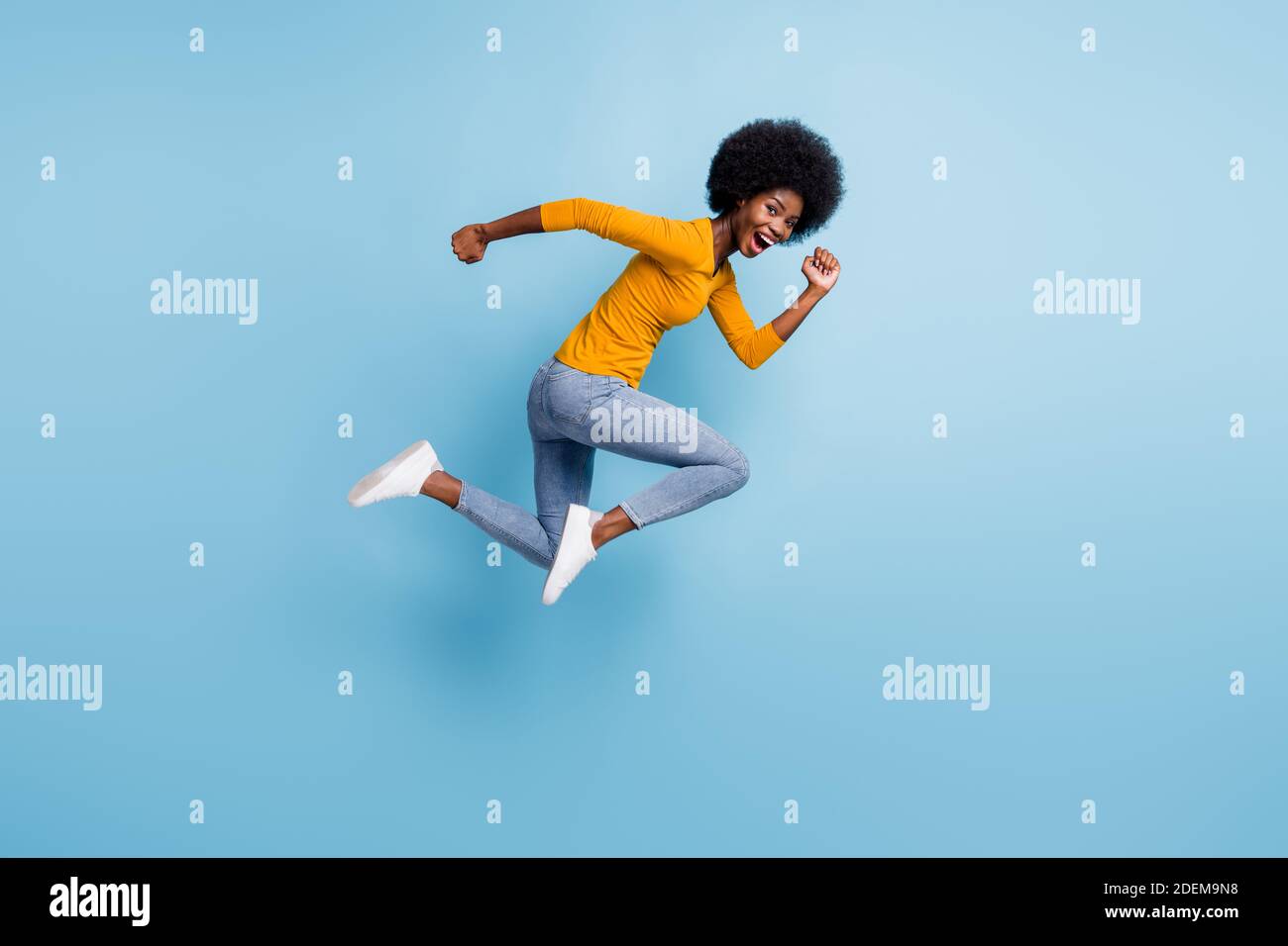 Photo portrait full size of active girl running in air isolated on ...