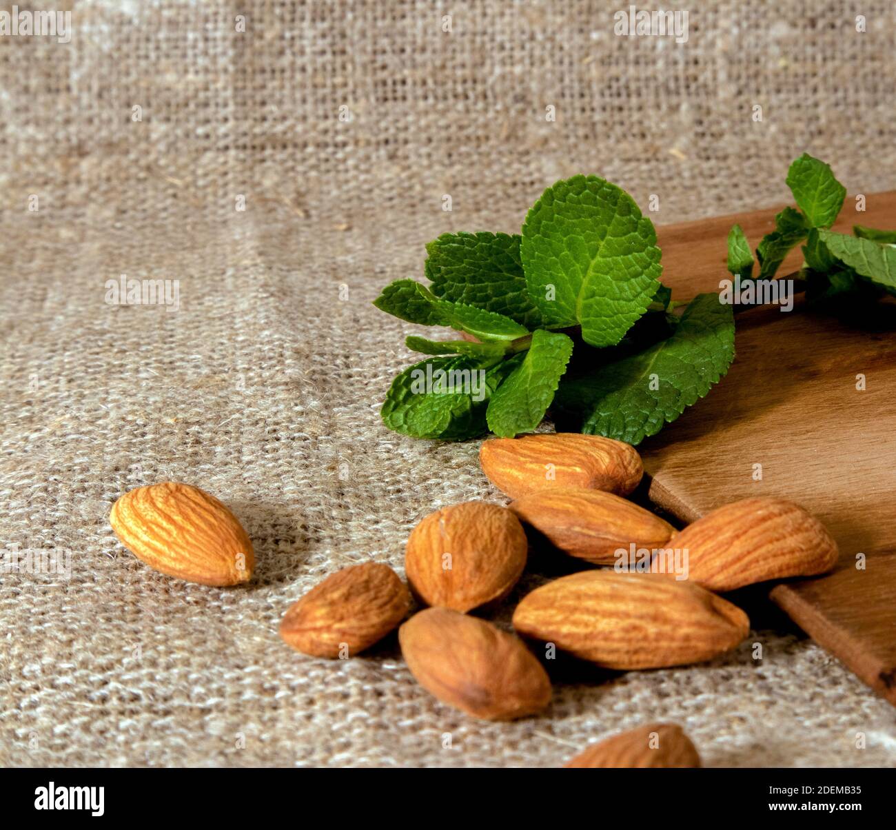Peeled almonds and a small bunch of fresh mint lying on a sack cloth ...
