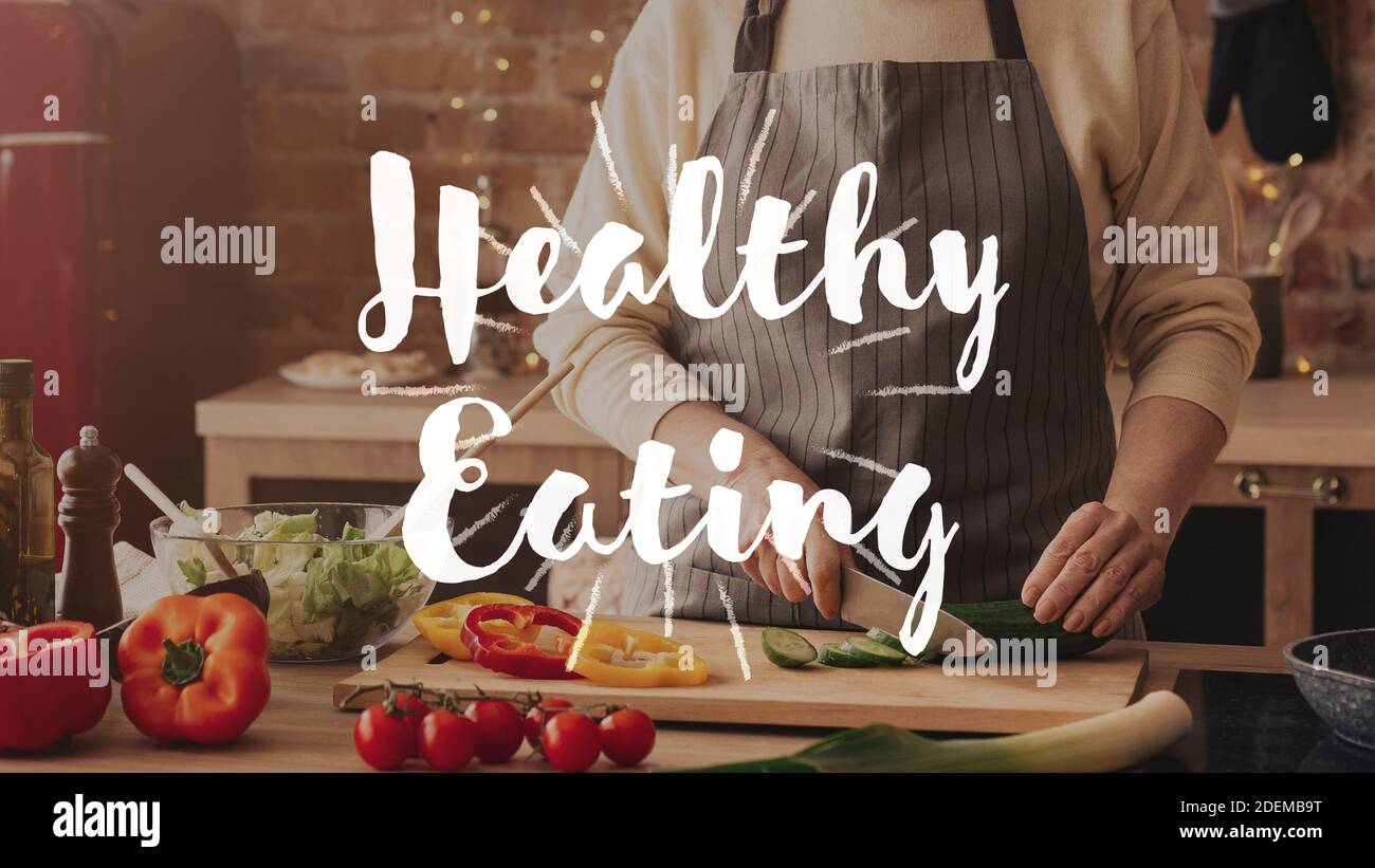 Creative background with woman cooking salad in kitchen and healthy ...