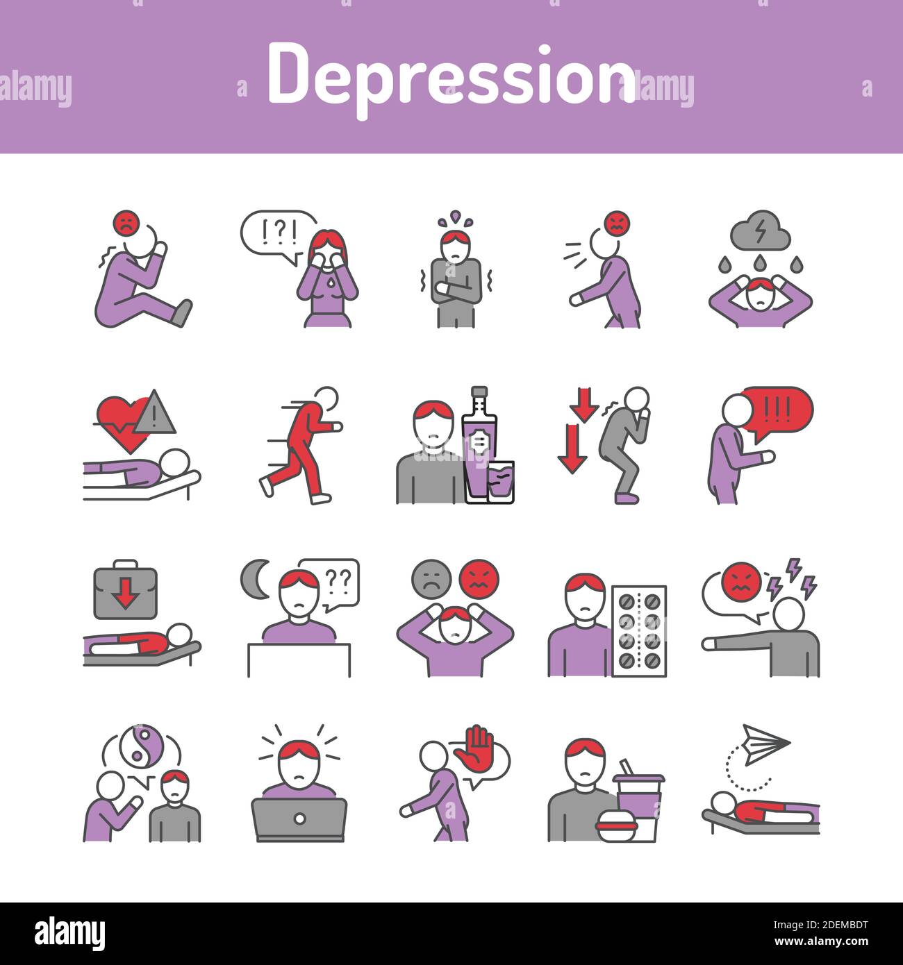 Depression color line icons set. Pictograms for web page, mobile app ...