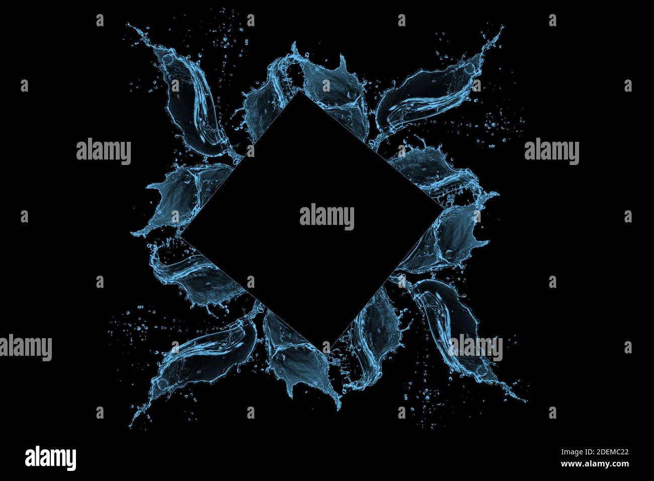 Water square splash isolated on black background. Abstract closeup ...