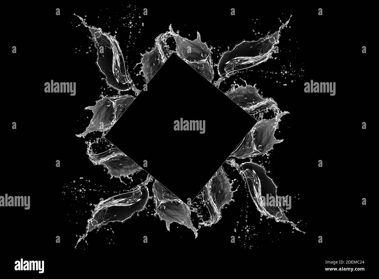 Water square splash isolated on black background. Abstract closeup ...