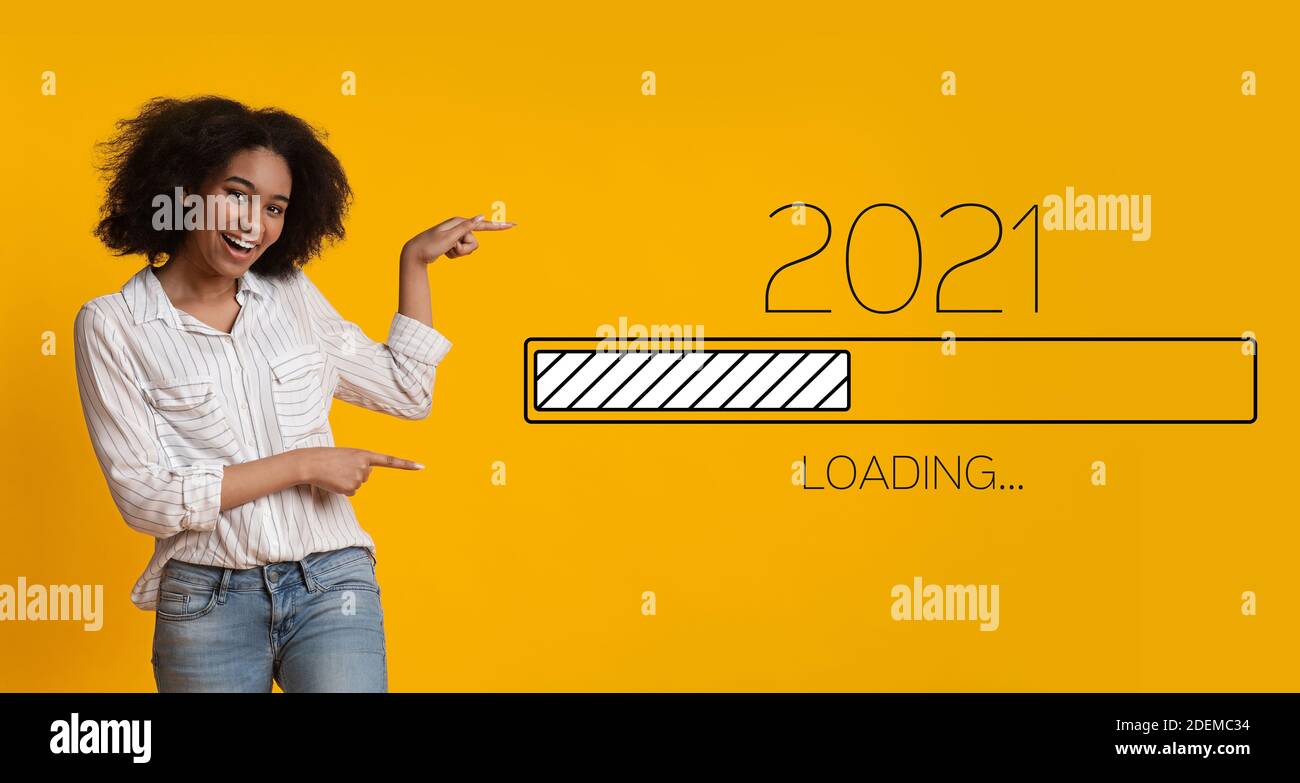 Woman Pointing Finger At 2021 Loading Process Waiting New Year ...