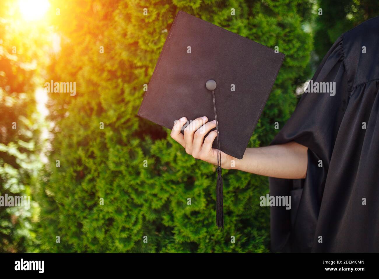Successful graduate, in academic dresses, raised up graduation cap ...