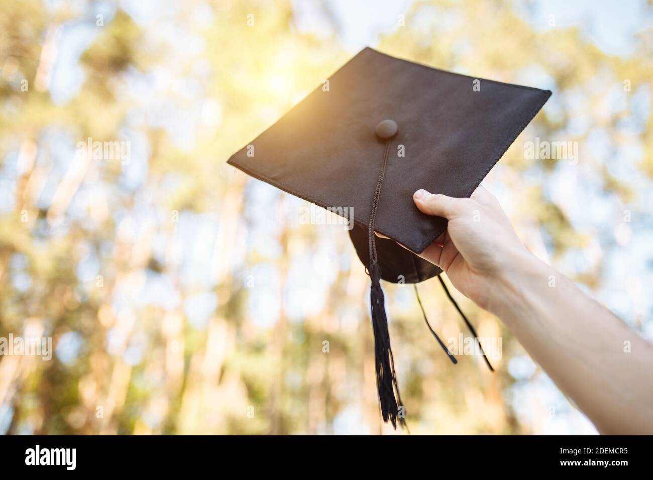 Successful graduate, in academic dresses, raised up graduation cap ...