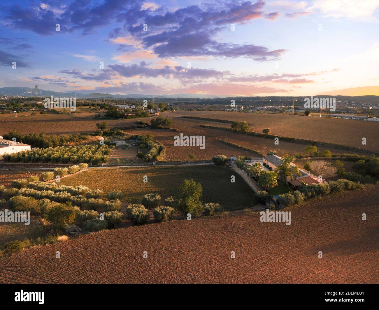 Aerial drone view of countryside fields in Catalonia, Spain. Food ...