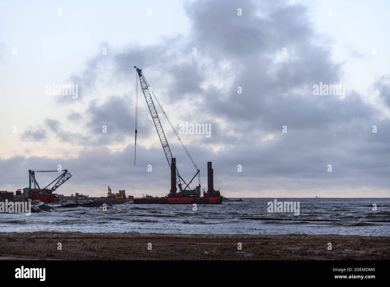 Construction Marine offshore works. Dam building, crane, barge, dredger ...
