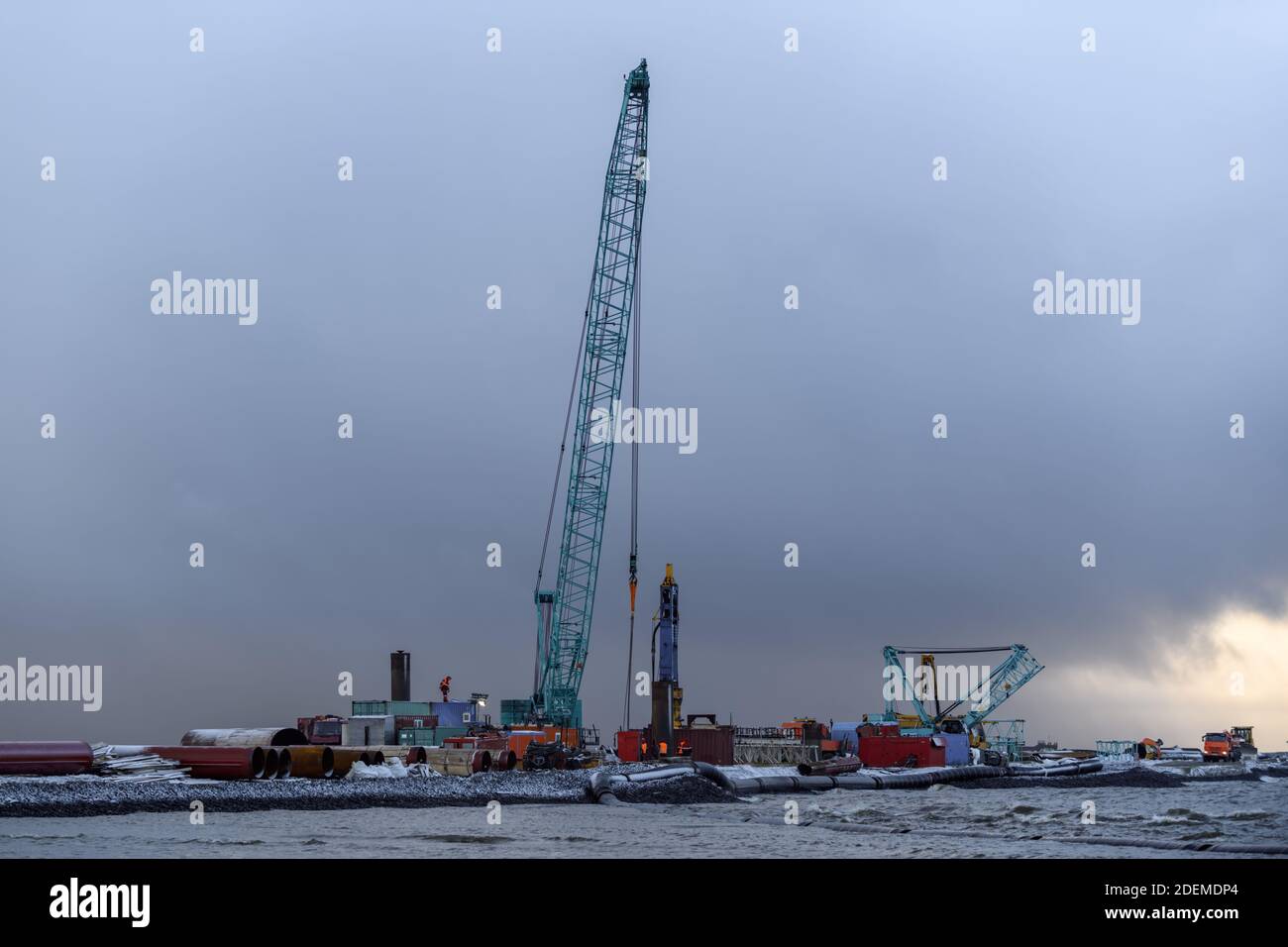 Construction Marine offshore works. Dam building, crane, barge, dredger ...