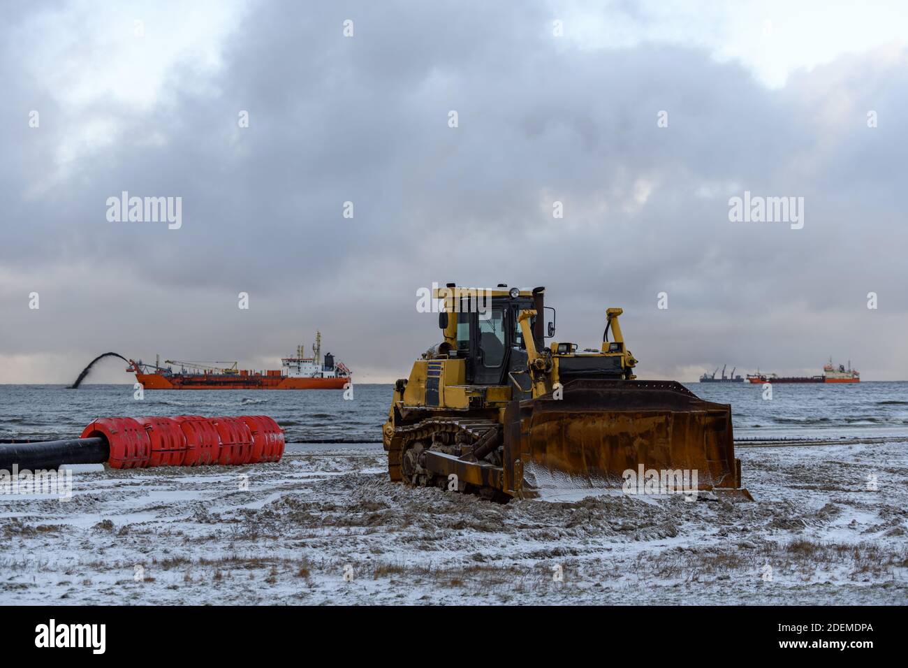 Construction Marine offshore works. Dam building, crane, barge, dredger ...