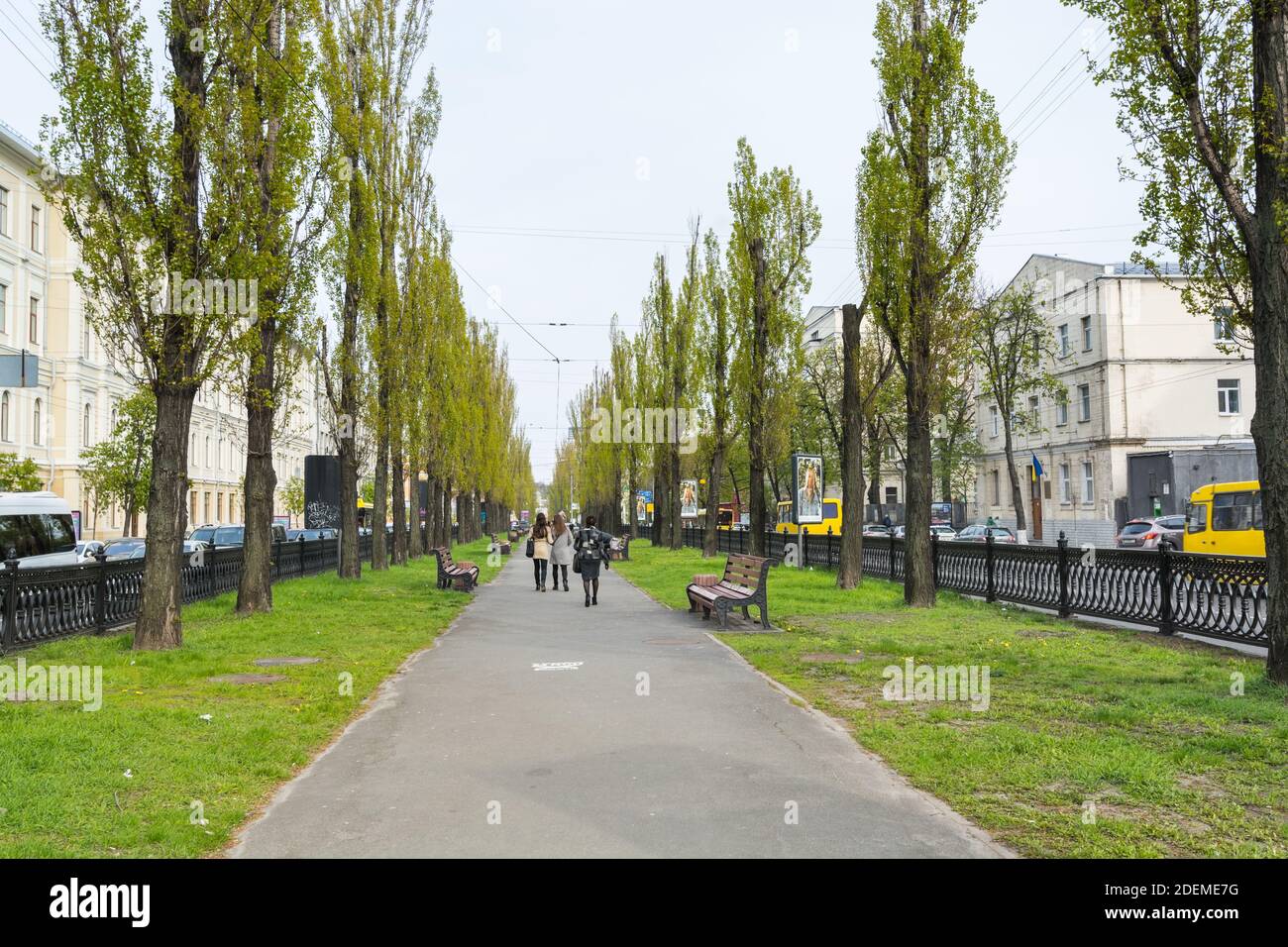 Green parks in spring in the park in Kiev street in front of St ...