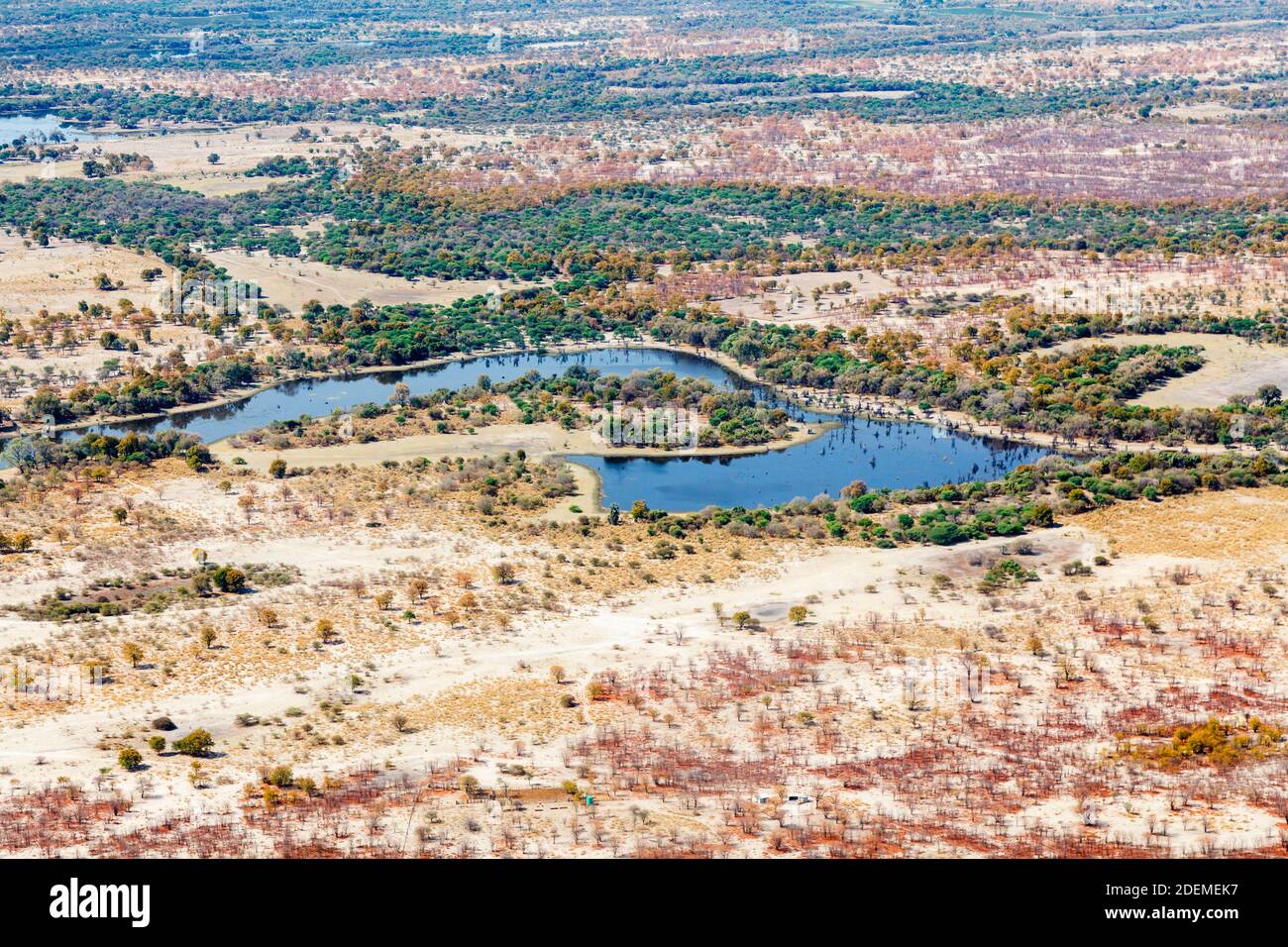 Panoramic aerial view over the unspoilt Moremi Game Reserve, with the ...
