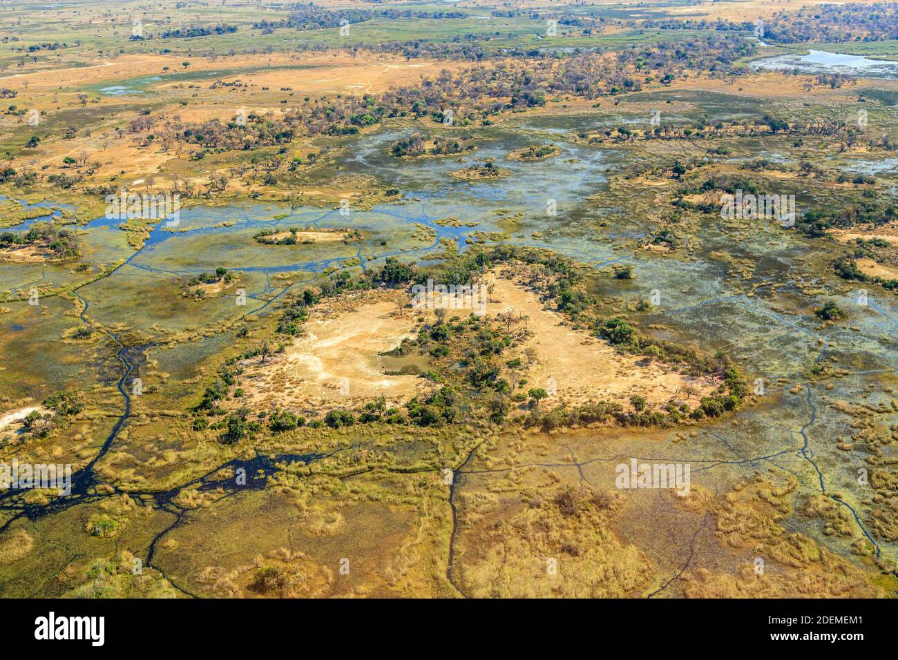 Panoramic aerial view over the unspoilt Moremi Game Reserve, with ...