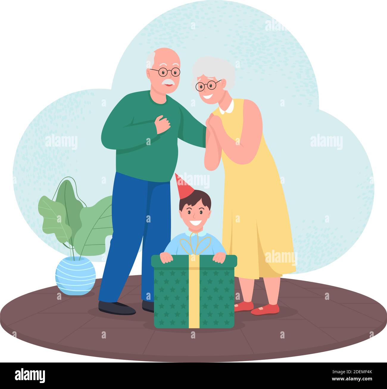 Grandparents give gift to boy 2D vector web banner, poster Stock Vector ...
