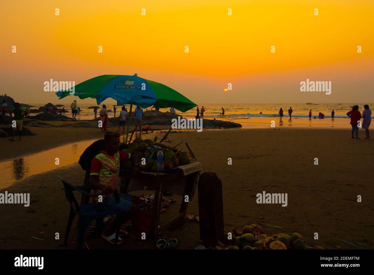 Goa/ India 09 November 2020 Coconut stall and garbage during sunset at ...
