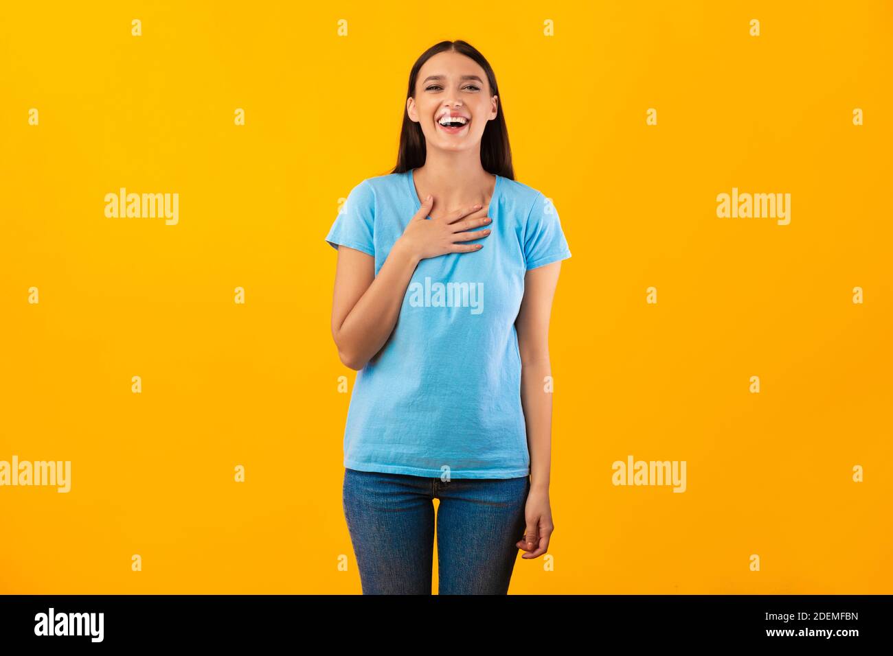 Happy lady laughing and looking at camera Stock Photo - Alamy