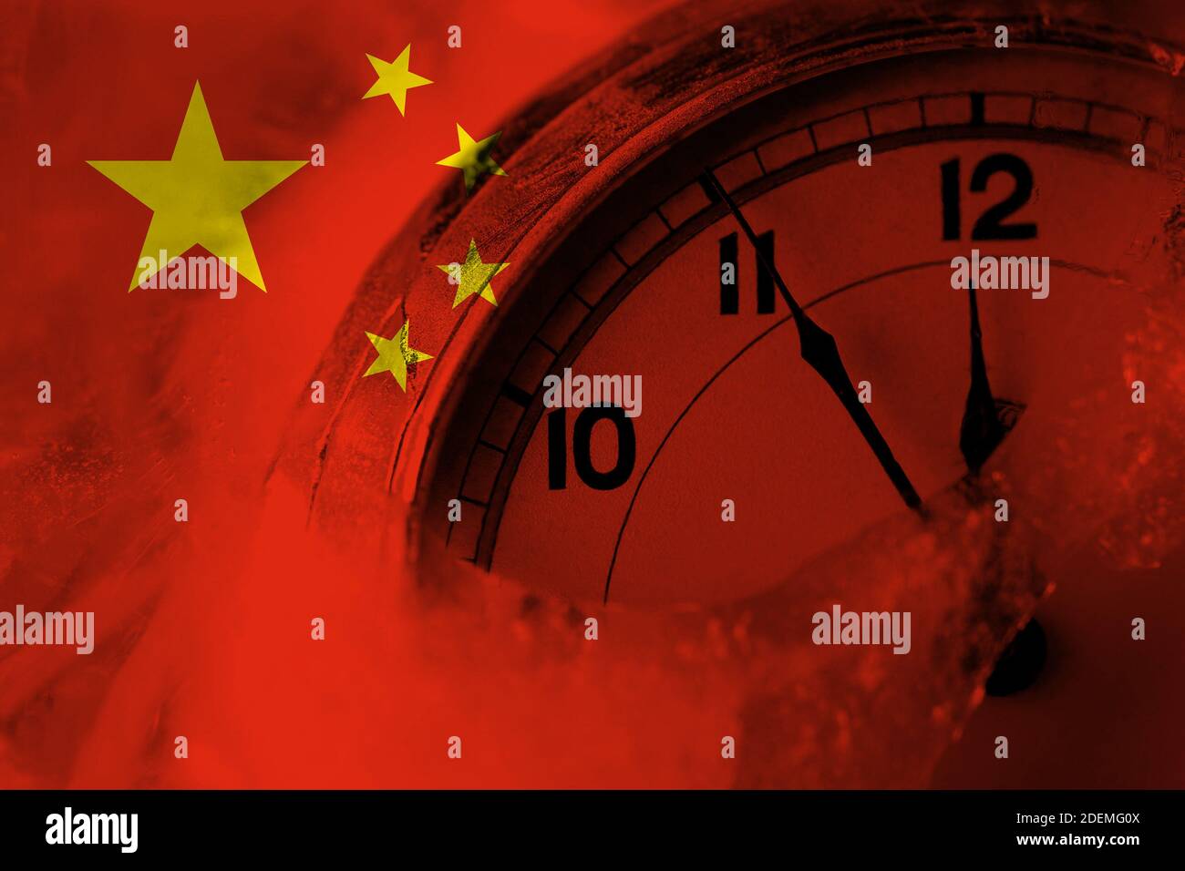 China, Chinese flag with clock close to midnight in the background ...