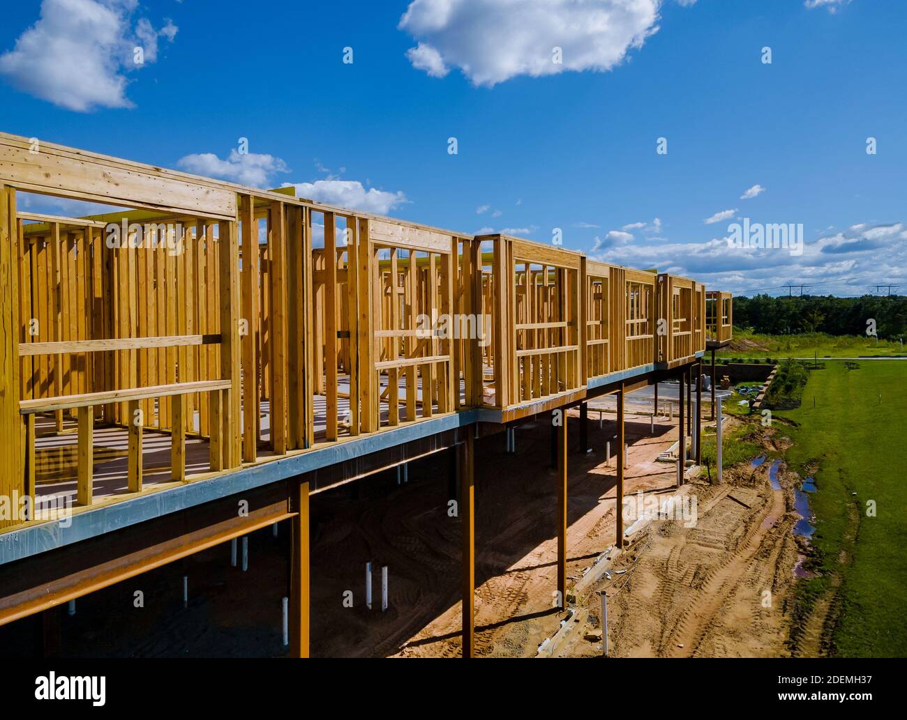 Wooden house in American beams the view of building frame structure on ...