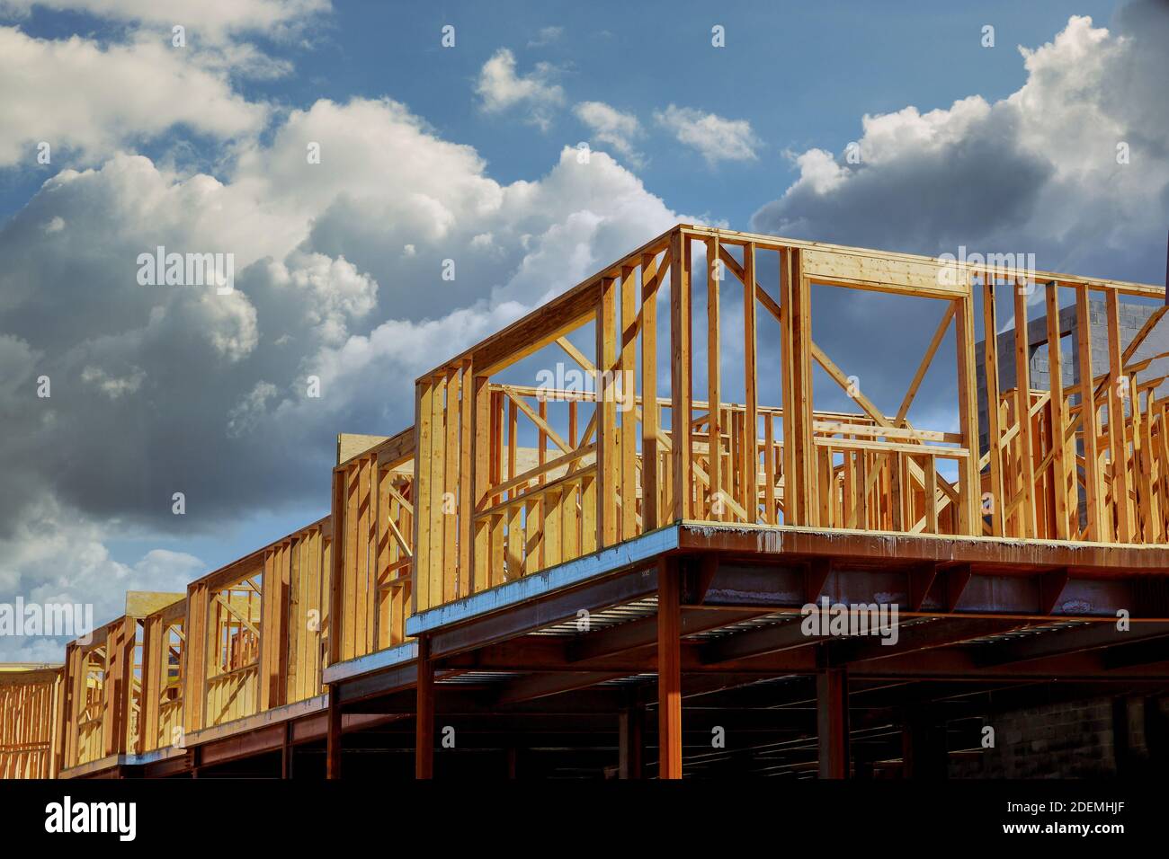 Truss, joist, beam new house under construction exterior framing with ...