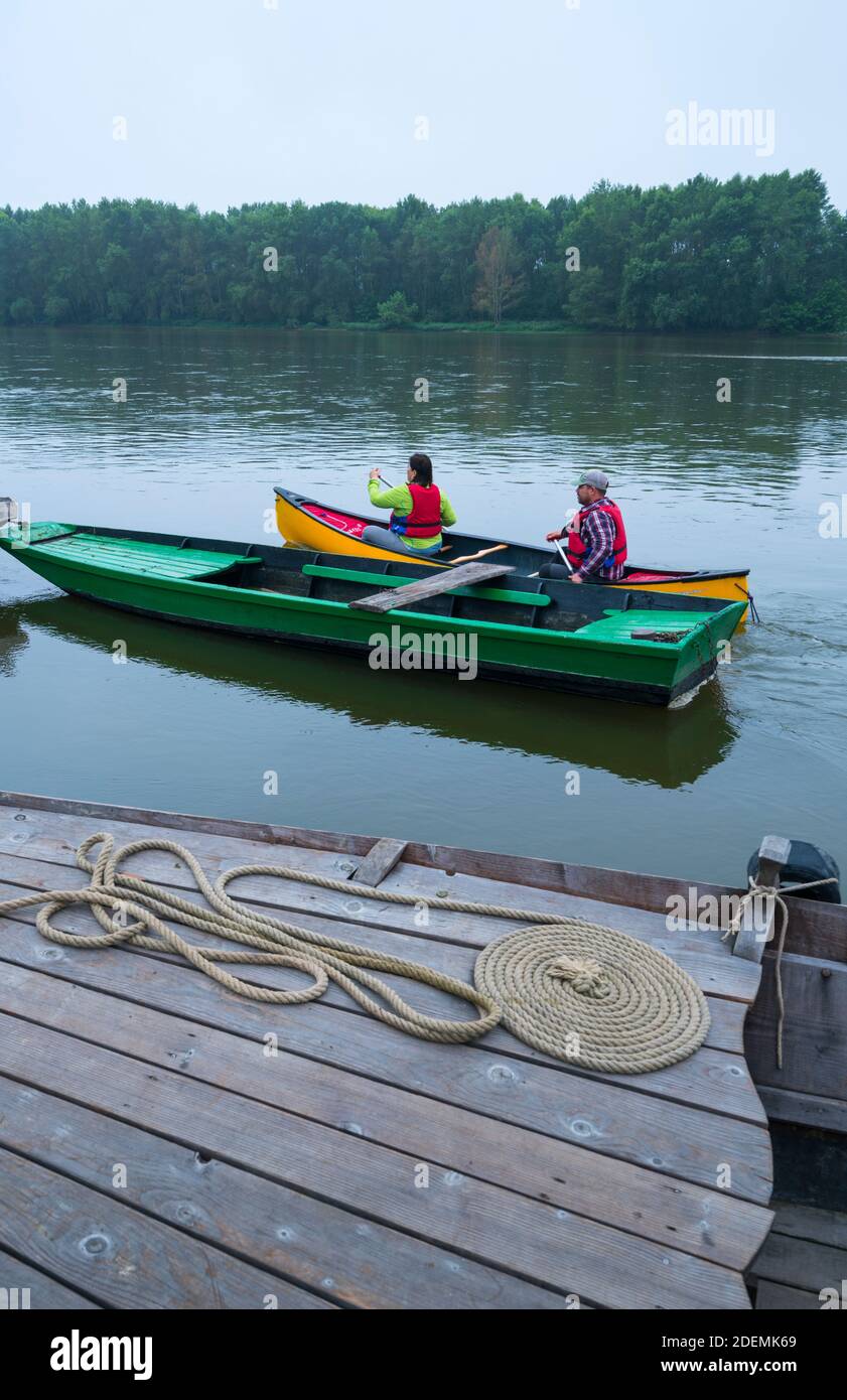 Canadian canoe activity and traditional river boat, Loire River, Chécy ...