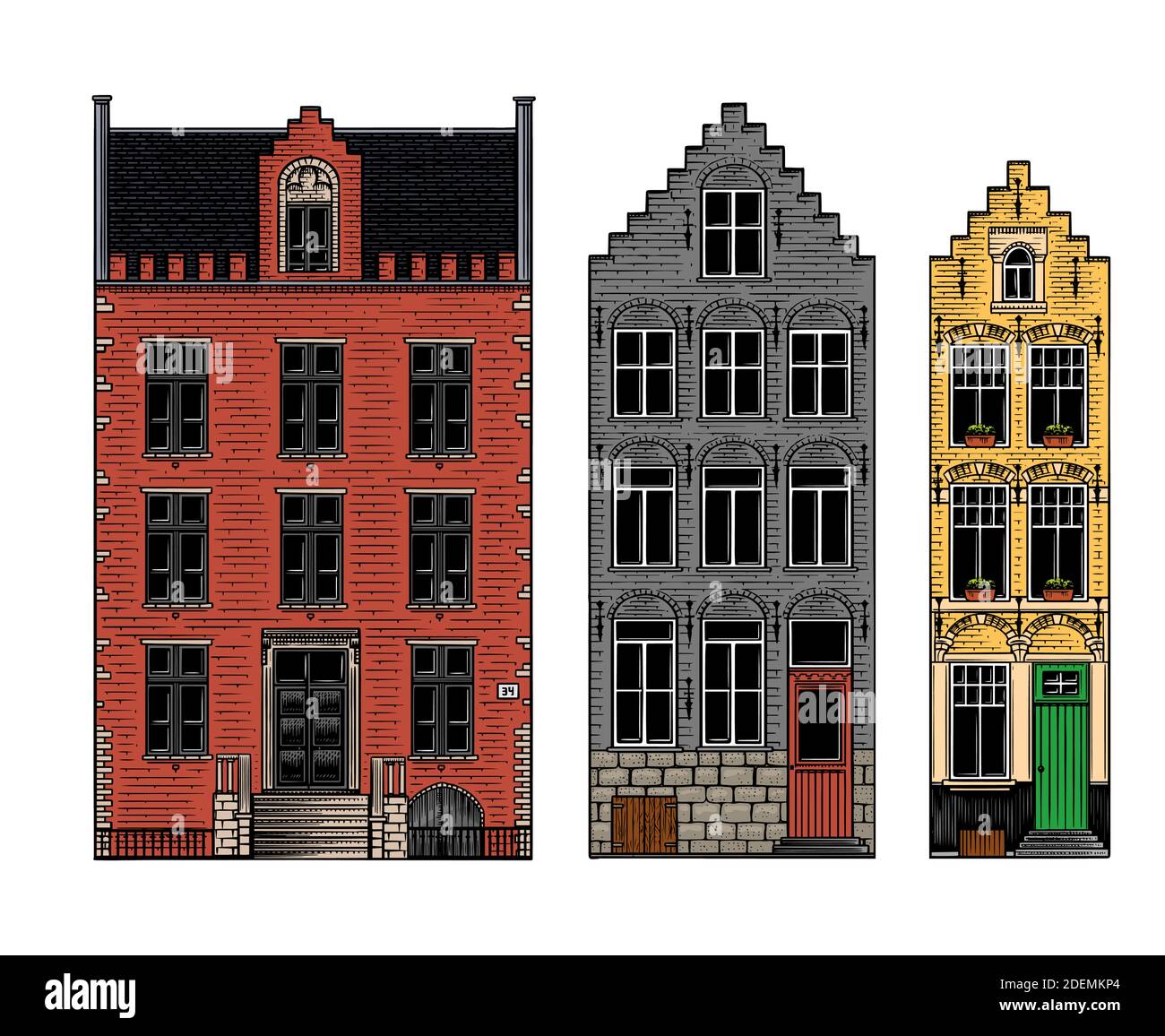 Amsterdam houses. Urban residential buildings. Scandinavian style. European city. Hand drawn ...