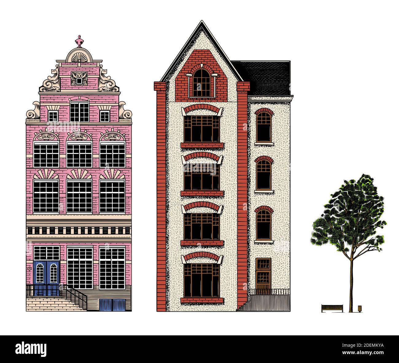 Amsterdam houses. Urban residential buildings. Scandinavian style. European city. Hand drawn ...