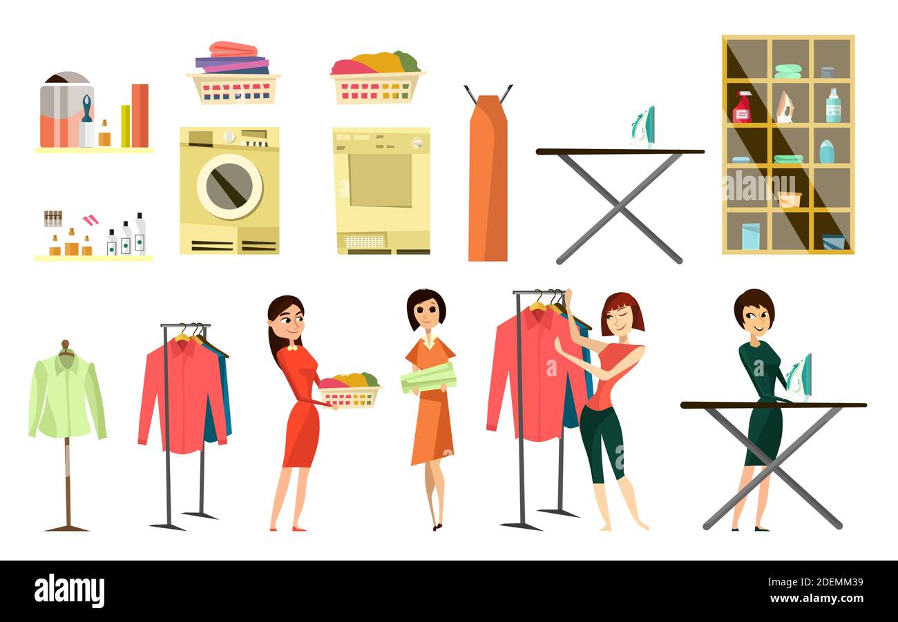 Laundry service set, flat vector isolated illustration. Female ...