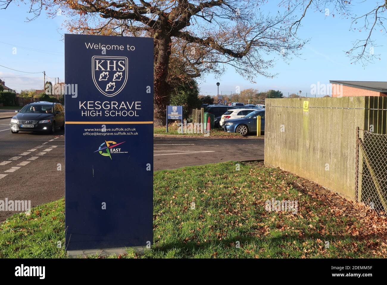 Kesgave, Suffolk, UK - 1 December 2020: Welcome to KHS sign at the ...