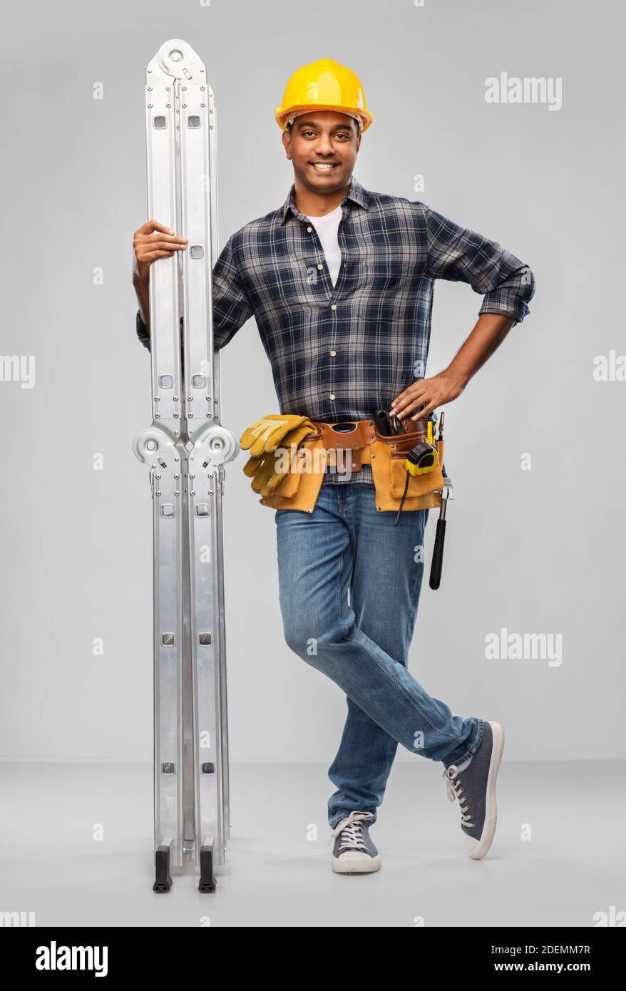 happy indian builder in helmet with ladder Stock Photo - Alamy