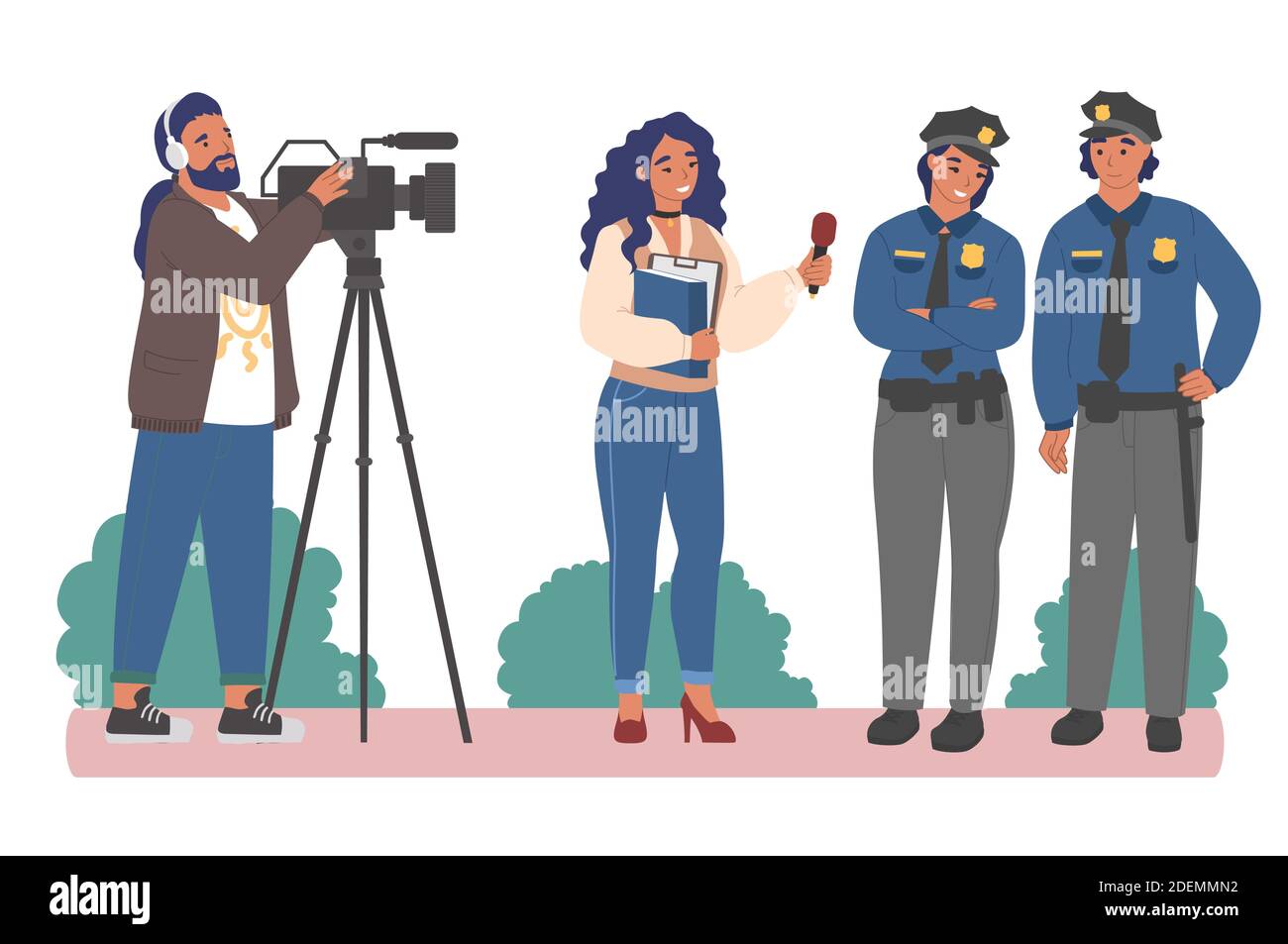 Interview with police officers. Female journalist interviewing policeman and policewoman, flat ...