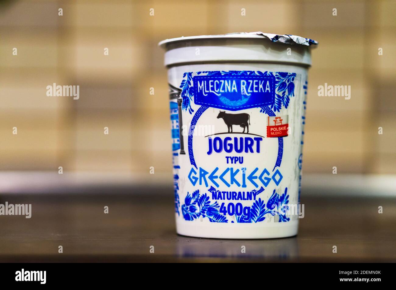 POZNAN, POLAND - Nov 26, 2020: Polish yogurt in Greek style in a cup ...