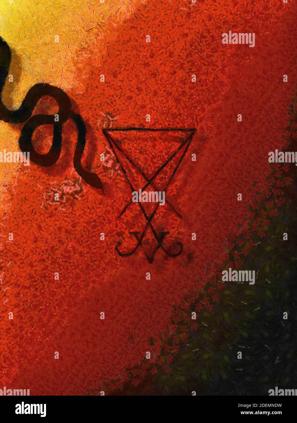 Sigil of Lucifer and the Serpent. Layers of paints on canvas. Artistic ...