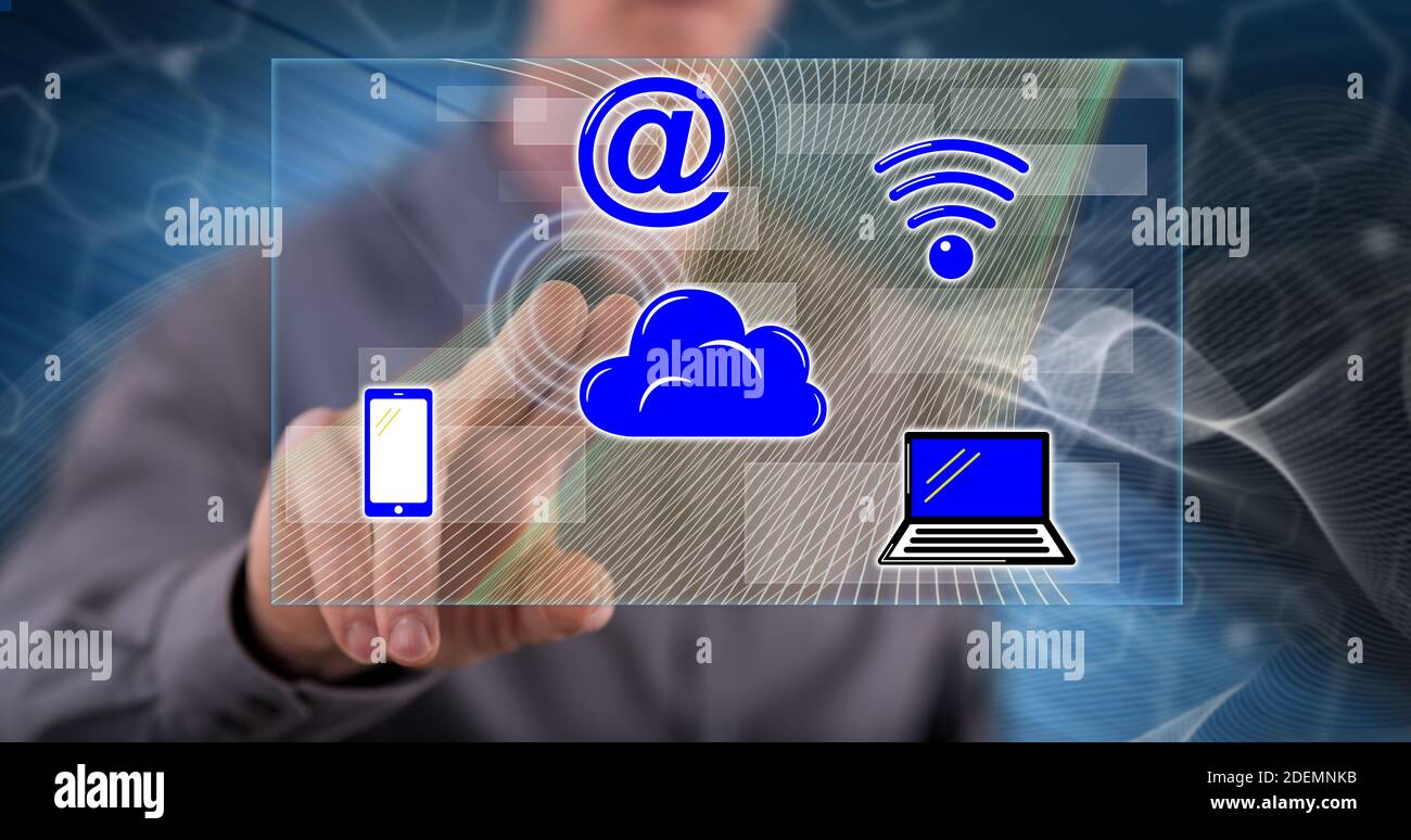 Man touching a cloud computing concept on a touch screen with his ...