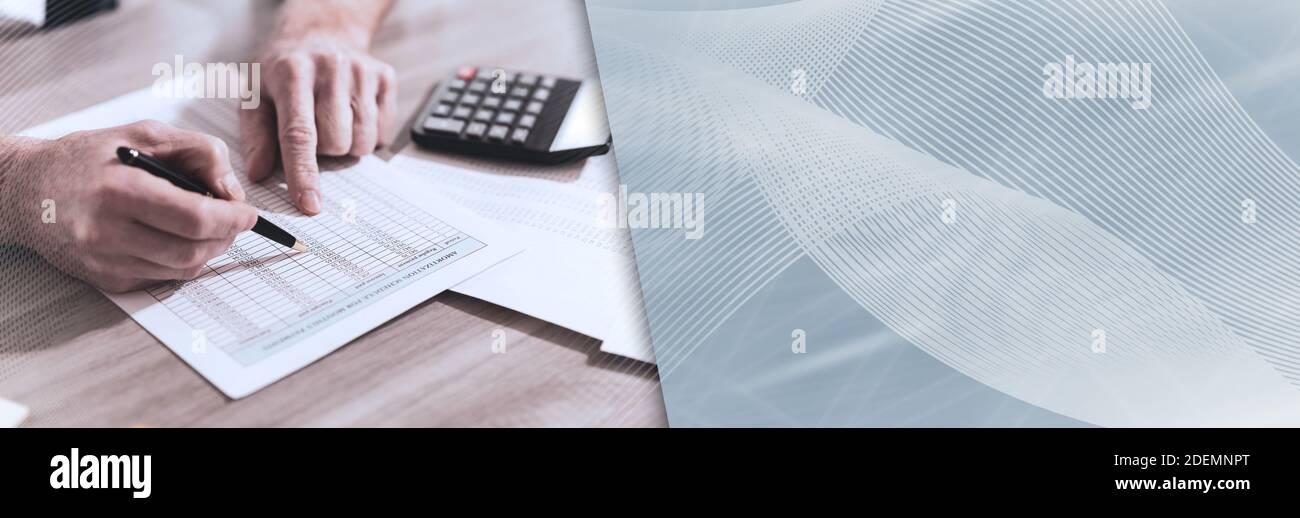 Hands of accountant checking financial document; panoramic banner Stock ...
