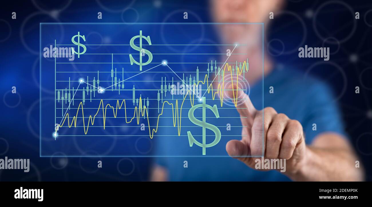 Man touching a stock exchange concept on a touch screen with his finger ...
