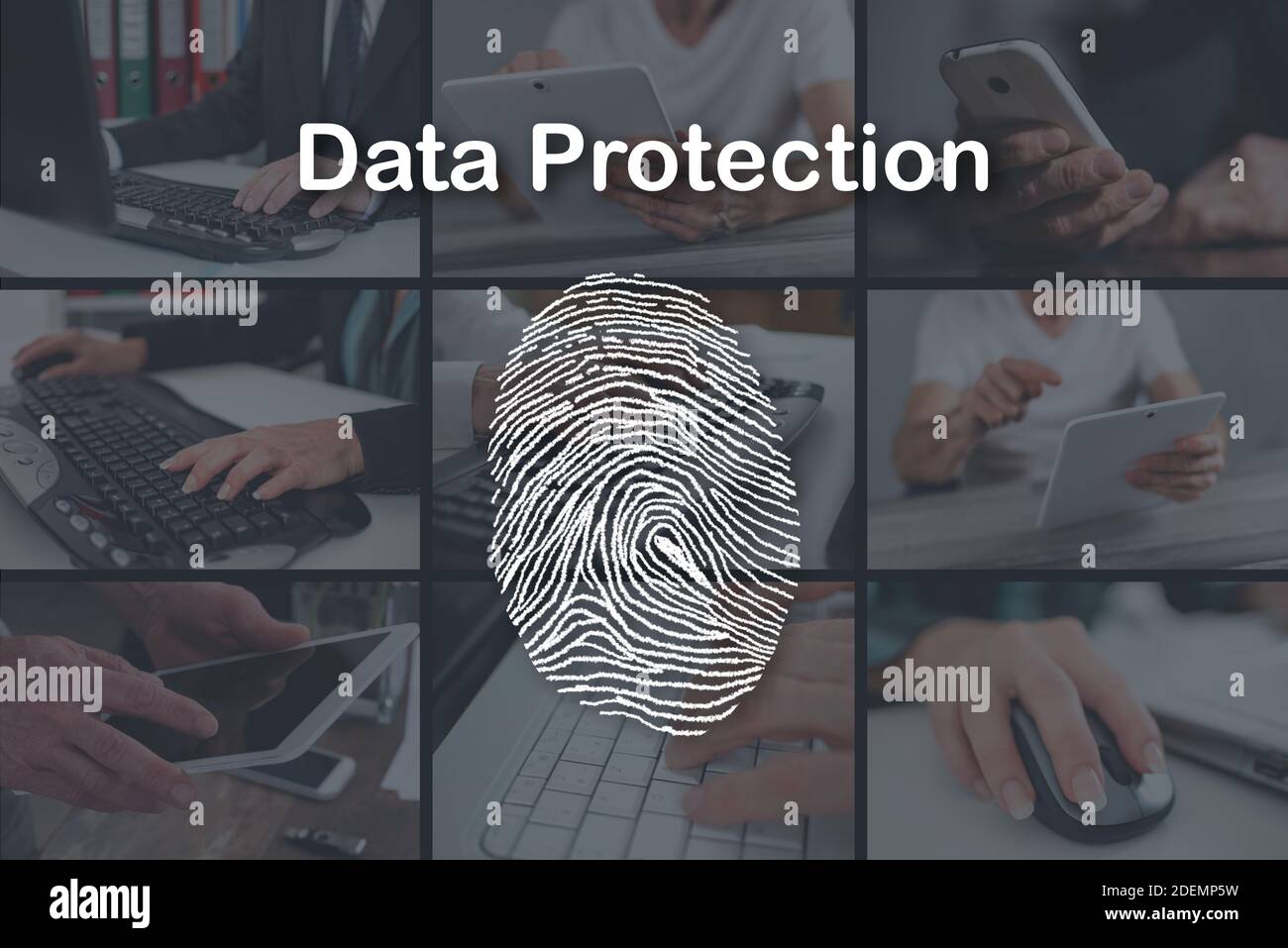 Data protection concept illustrated by pictures on background Stock ...
