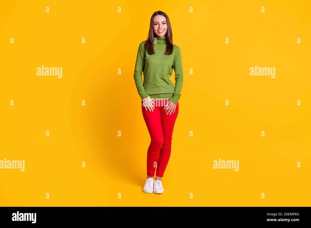 Full length body size view of thin pretty cheerful girl wearing casual ...