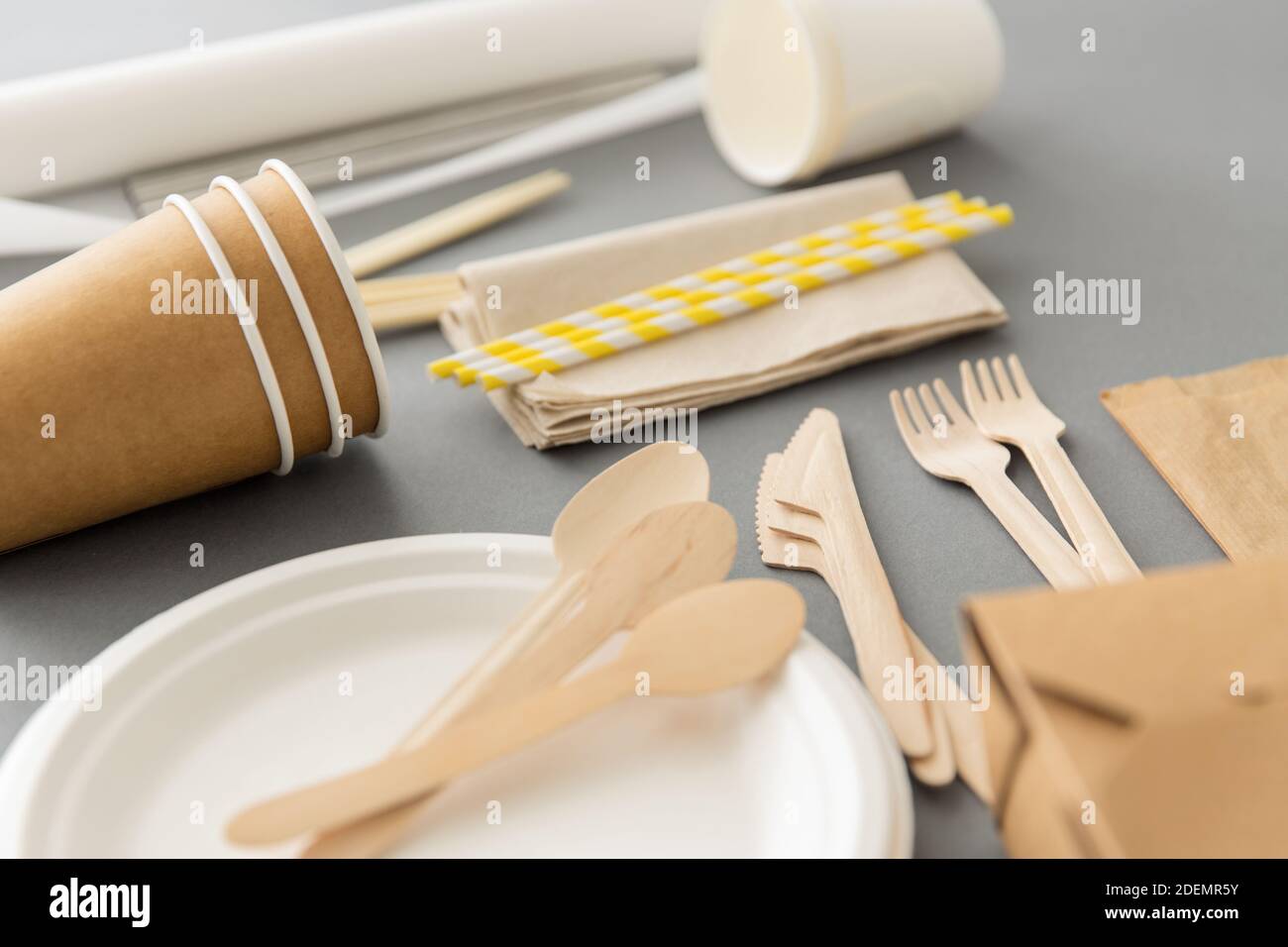 disposable dishes of paper and wood Stock Photo - Alamy