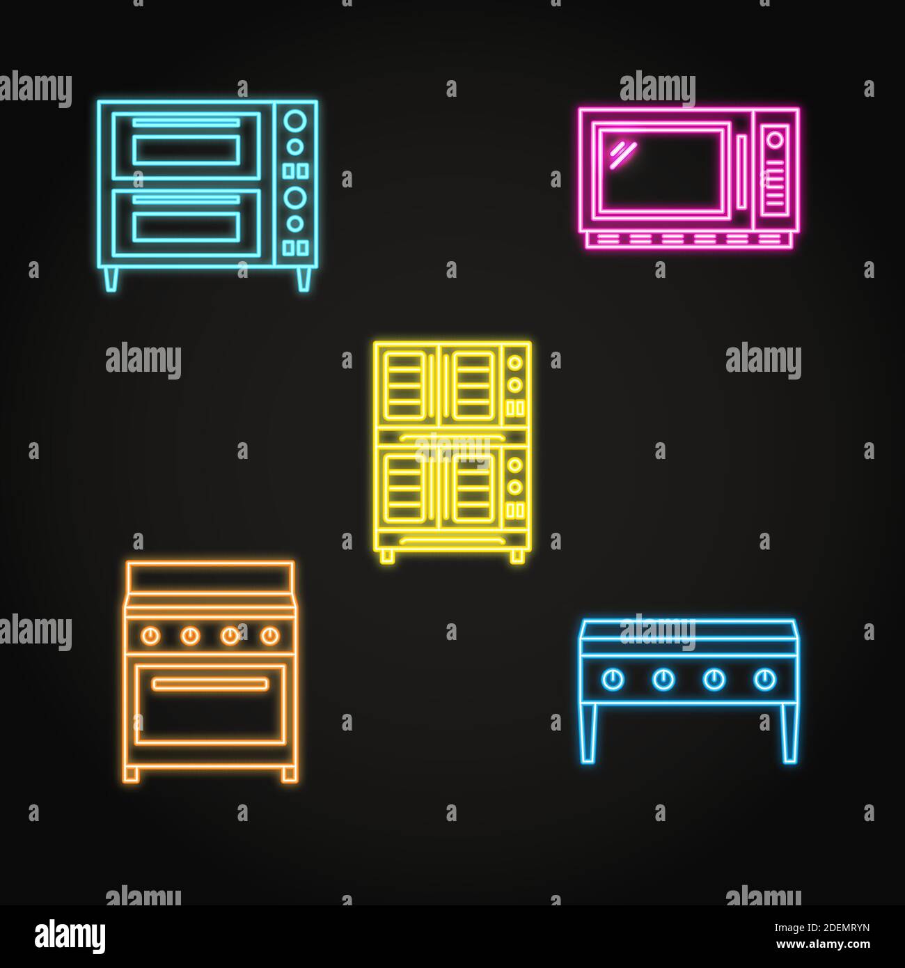 Professional kitchen equipment icon set in neon style. Commercial ovens ...